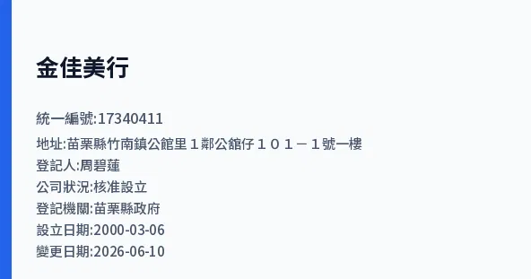 金佳美行的照片-統編 17340411(苗栗縣) 公司登記資料與營業項目詳細圖表