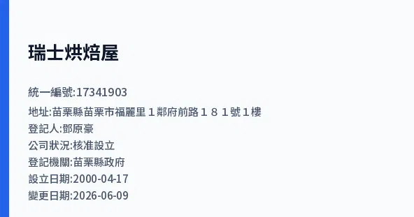 瑞士烘焙屋的照片-統編 17341903(苗栗縣) 公司登記資料與營業項目詳細圖表