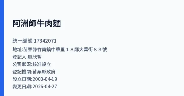 阿洲師牛肉麵的照片-統編 17342071(苗栗縣) 公司登記資料與營業項目詳細圖表