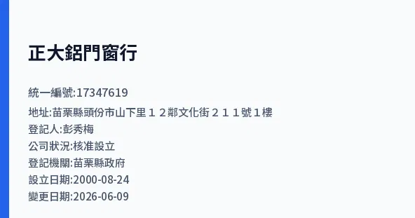 正大鋁門窗行的照片-統編 17347619(苗栗縣) 公司登記資料與營業項目詳細圖表
