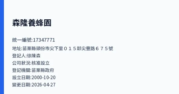 森隆養蜂園的照片-統編 17347771(苗栗縣) 公司登記資料與營業項目詳細圖表