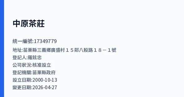 中原茶莊的照片-統編 17349779(苗栗縣) 公司登記資料與營業項目詳細圖表