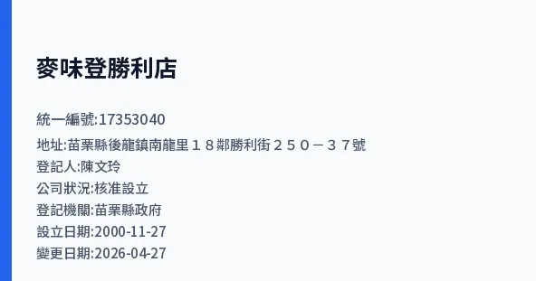 麥味登勝利店的照片-統編 17353040(苗栗縣) 公司登記資料與營業項目詳細圖表