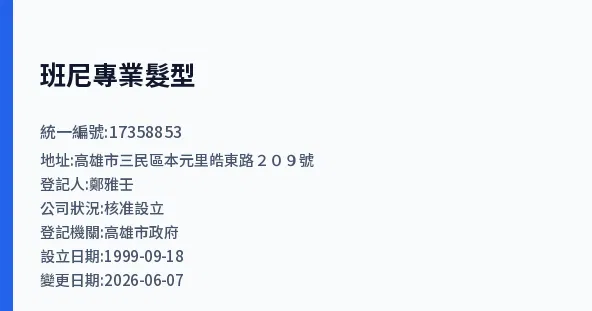 班尼專業髮型的照片-統編 17358853(高雄市) 公司登記資料與營業項目詳細圖表
