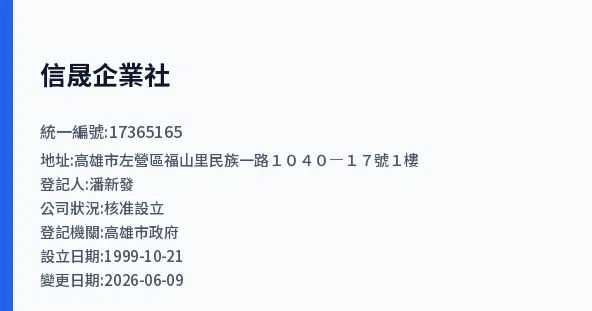 信晟企業社的照片-統編 17365165(高雄市) 公司登記資料與營業項目詳細圖表