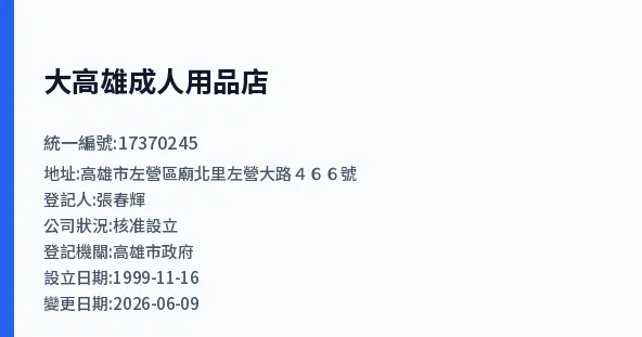 大高雄成人用品店的照片-統編 17370245(高雄市) 公司登記資料與營業項目詳細圖表