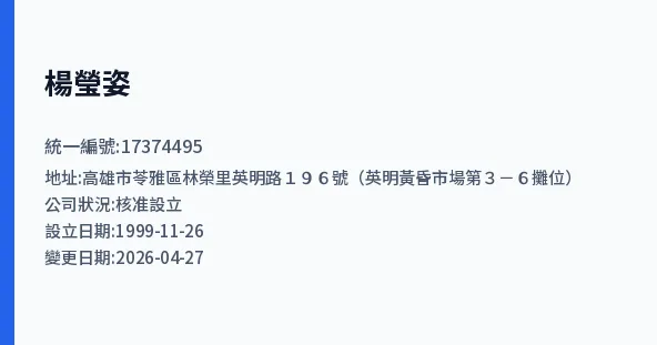 楊瑩姿的照片-統編 17374495(高雄市) 公司登記資料與營業項目詳細圖表