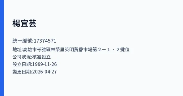楊宜芸的照片-統編 17374571(高雄市) 公司登記資料與營業項目詳細圖表