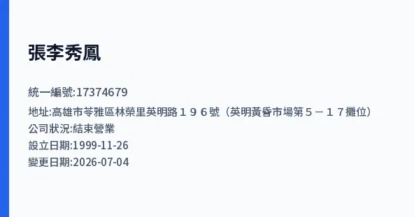 張李秀鳳的照片-統編 17374679(高雄市) 公司登記資料與營業項目詳細圖表