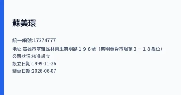 蘇美環的照片-統編 17374777(高雄市) 公司登記資料與營業項目詳細圖表