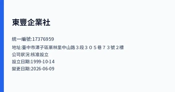 東豐企業社的照片-統編 17376959(臺中市) 公司登記資料與營業項目詳細圖表