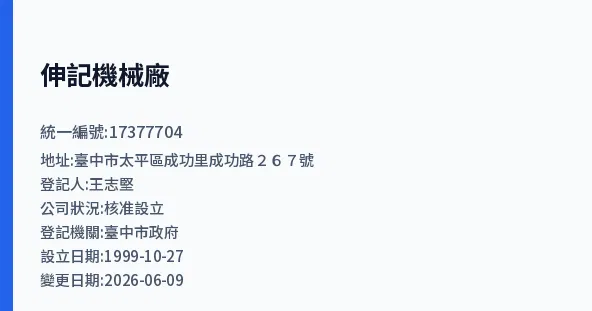 伸記機械廠的照片-統編 17377704(臺中市) 公司登記資料與營業項目詳細圖表