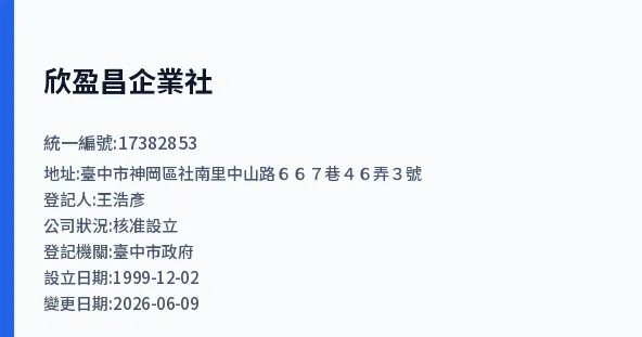欣盈昌企業社的照片-統編 17382853(臺中市) 公司登記資料與營業項目詳細圖表