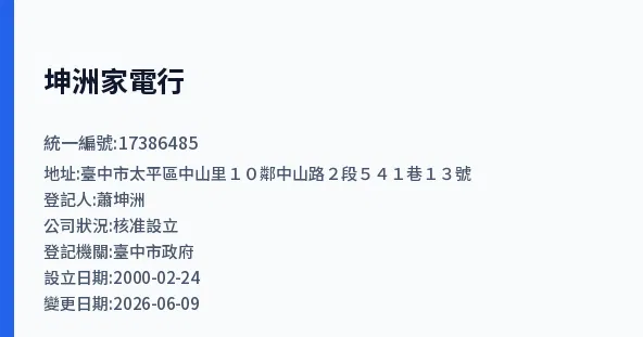 坤洲家電行的照片-統編 17386485(臺中市) 公司登記資料與營業項目詳細圖表