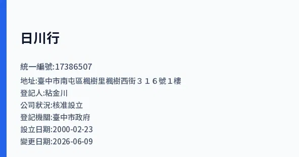 日川行的照片-統編 17386507(臺中市) 公司登記資料與營業項目詳細圖表