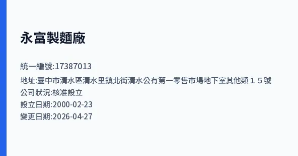 永富製麵廠的照片-統編 17387013(臺中市) 公司登記資料與營業項目詳細圖表