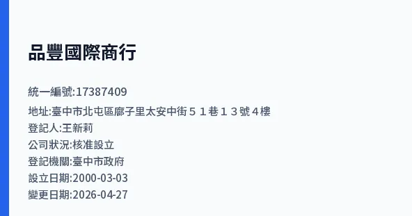 品豐國際商行的照片-統編 17387409(臺中市) 公司登記資料與營業項目詳細圖表