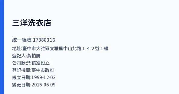 三洋洗衣店的照片-統編 17388316(臺中市) 公司登記資料與營業項目詳細圖表