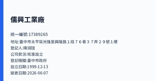 儒興工業廠的照片-統編 17389265(臺中市) 公司登記資料與營業項目詳細圖表