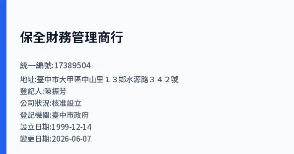 保全財務管理商行的照片-統編 17389504(臺中市) 公司登記資料與營業項目詳細圖表
