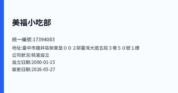 美福小吃部的照片-統編 17394083(臺中市) 公司登記資料與營業項目詳細圖表