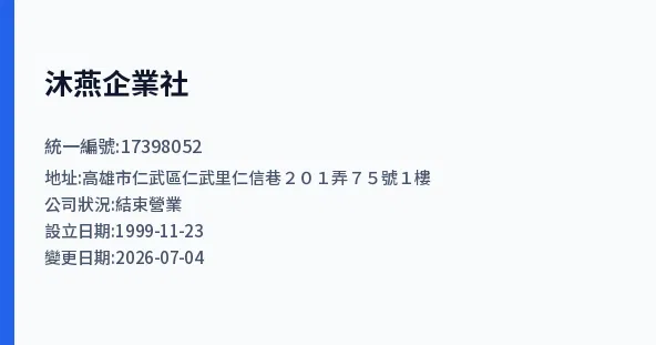 沐燕企業社的照片-統編 17398052(高雄市) 公司登記資料與營業項目詳細圖表