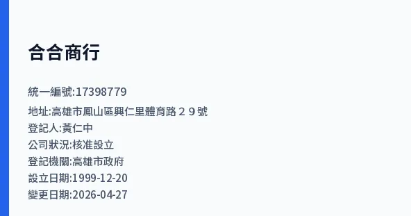 合合商行的照片-統編 17398779(高雄市) 公司登記資料與營業項目詳細圖表