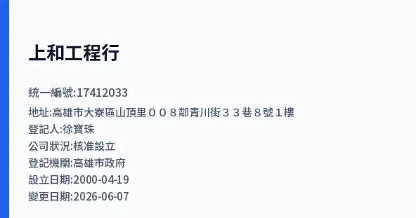 上和工程行的照片-統編 17412033(高雄市) 公司登記資料與營業項目詳細圖表
