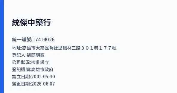 統傑中藥行的照片-統編 17414026(高雄市) 公司登記資料與營業項目詳細圖表