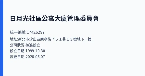 日月光社區公寓大廈管理委員會的照片-統編 17426297(新北市) 公司登記資料與營業項目詳細圖表