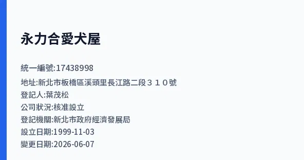 永力合愛犬屋的照片-統編 17438998(新北市) 公司登記資料與營業項目詳細圖表