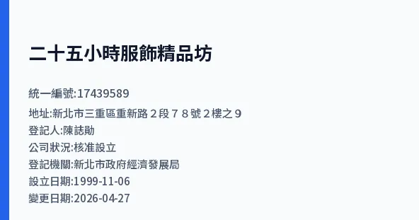 二十五小時服飾精品坊的照片-統編 17439589(新北市) 公司登記資料與營業項目詳細圖表
