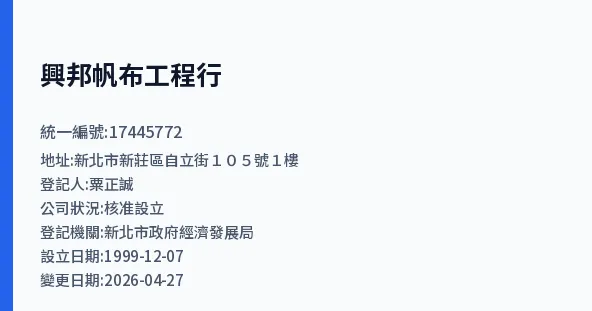 興邦帆布工程行的照片-統編 17445772(新北市) 公司登記資料與營業項目詳細圖表