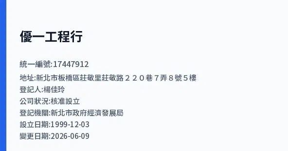 優一工程行的照片-統編 17447912(新北市) 公司登記資料與營業項目詳細圖表
