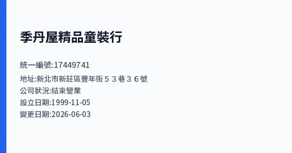 季丹屋精品童裝行的照片-統編 17449741(新北市) 公司登記資料與營業項目詳細圖表