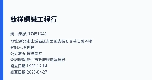 鈦祥鋼鐵工程行的照片-統編 17451648(新北市) 公司登記資料與營業項目詳細圖表
