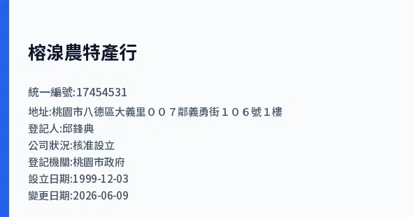 榕湶農特產行的照片-統編 17454531(桃園市) 公司登記資料與營業項目詳細圖表