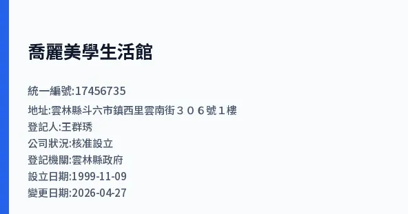 喬麗美學生活館的照片-統編 17456735(雲林縣) 公司登記資料與營業項目詳細圖表