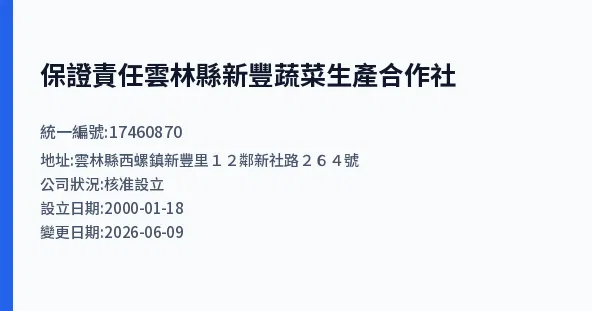 保證責任雲林縣新豐蔬菜生產合作社的照片-統編 17460870(雲林縣) 公司登記資料與營業項目詳細圖表