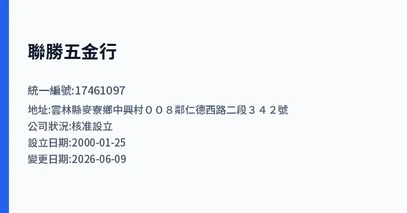 聯勝五金行的照片-統編 17461097(雲林縣) 公司登記資料與營業項目詳細圖表