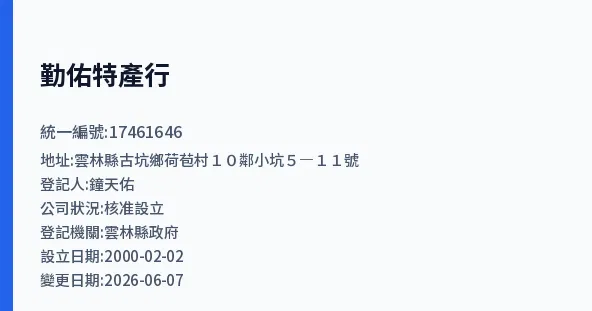 勤佑特產行的照片-統編 17461646(雲林縣) 公司登記資料與營業項目詳細圖表