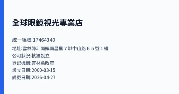 全球眼鏡視光專業店的照片-統編 17464340(雲林縣) 公司登記資料與營業項目詳細圖表