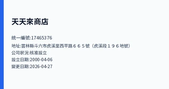 天天來商店的照片-統編 17465376(雲林縣) 公司登記資料與營業項目詳細圖表