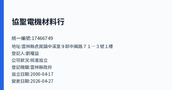 協聖電機材料行的照片-統編 17466749(雲林縣) 公司登記資料與營業項目詳細圖表