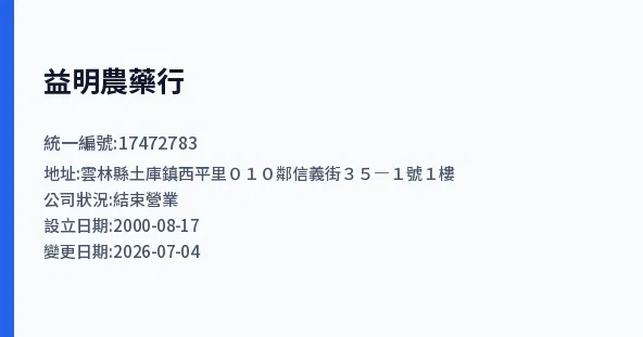 益明農藥行的照片-統編 17472783(雲林縣) 公司登記資料與營業項目詳細圖表
