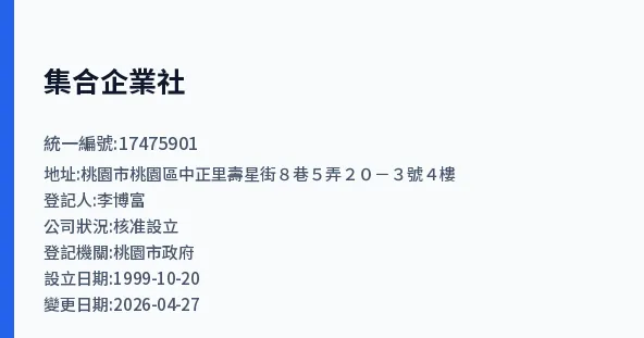 集合企業社的照片-統編 17475901(桃園市) 公司登記資料與營業項目詳細圖表