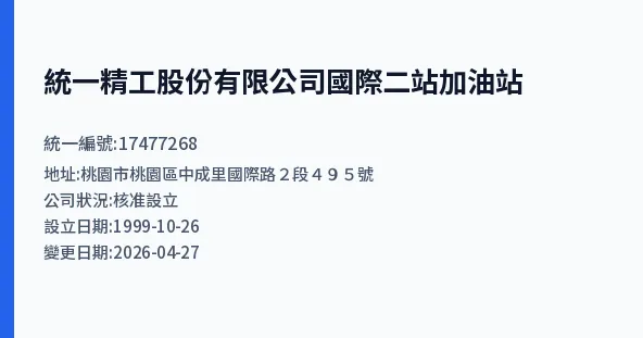 統一精工股份有限公司國際二站加油站的照片-統編 17477268(桃園市) 公司登記資料與營業項目詳細圖表