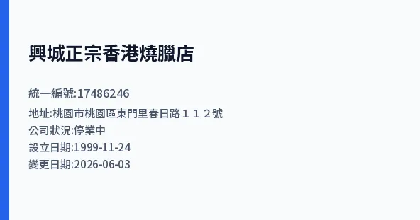 興城正宗香港燒臘店的照片-統編 17486246(桃園市) 公司登記資料與營業項目詳細圖表