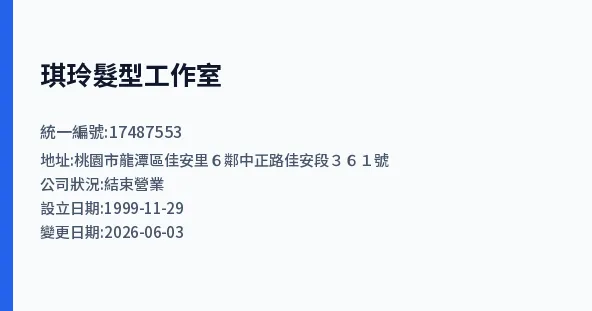 琪玲髮型工作室的照片-統編 17487553(桃園市) 公司登記資料與營業項目詳細圖表