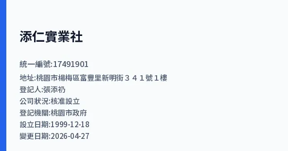 添仁實業社的照片-統編 17491901(桃園市) 公司登記資料與營業項目詳細圖表